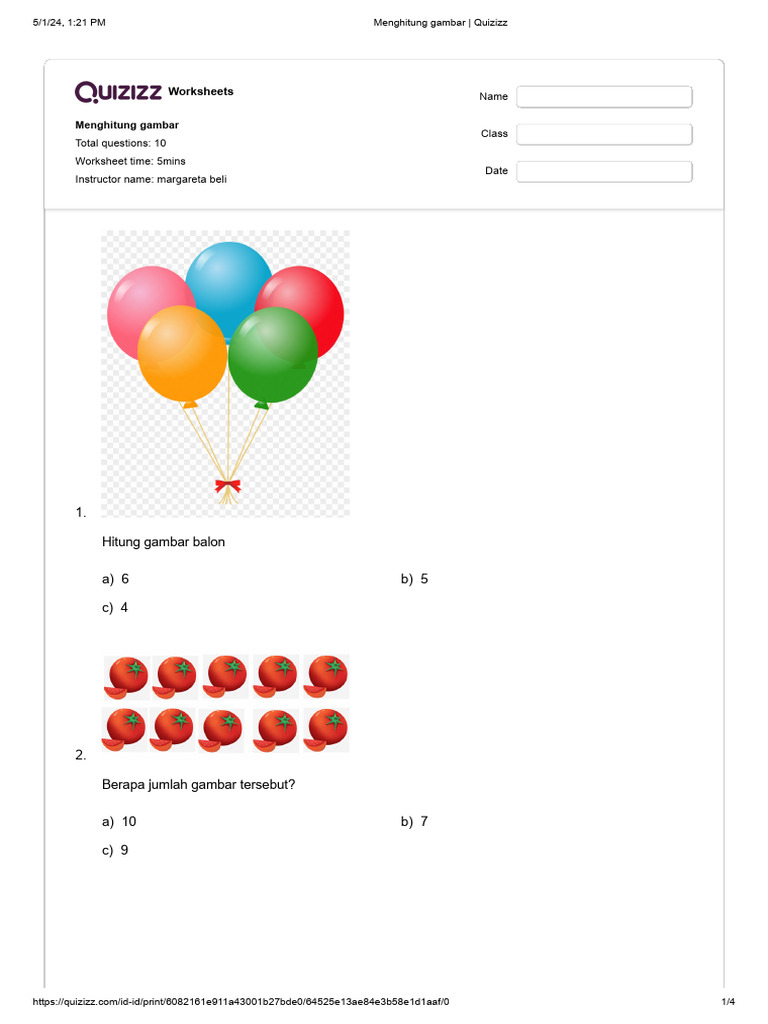 Worksheet Menghitung Gambar Kelas 1 | PDF