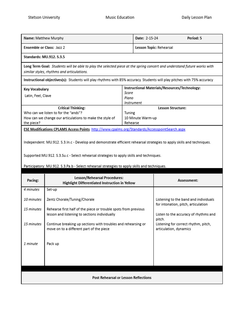 Lesson Plan 2-15 Jazz 2 | PDF | Lesson Plan | Music Education