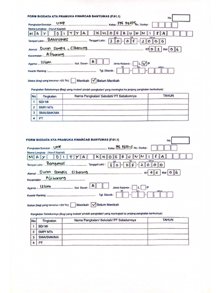Biodata May Ditya Khoerunnisa - Pembuatan KTA | PDF