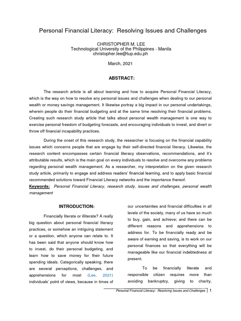Personal Financial Literacy: Resolving Issues and Challenges | PDF ...