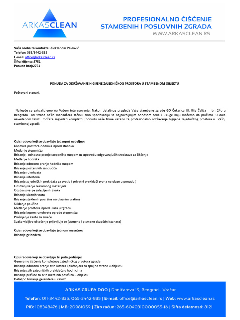 Ponuda Za Održavanje Higijene | PDF