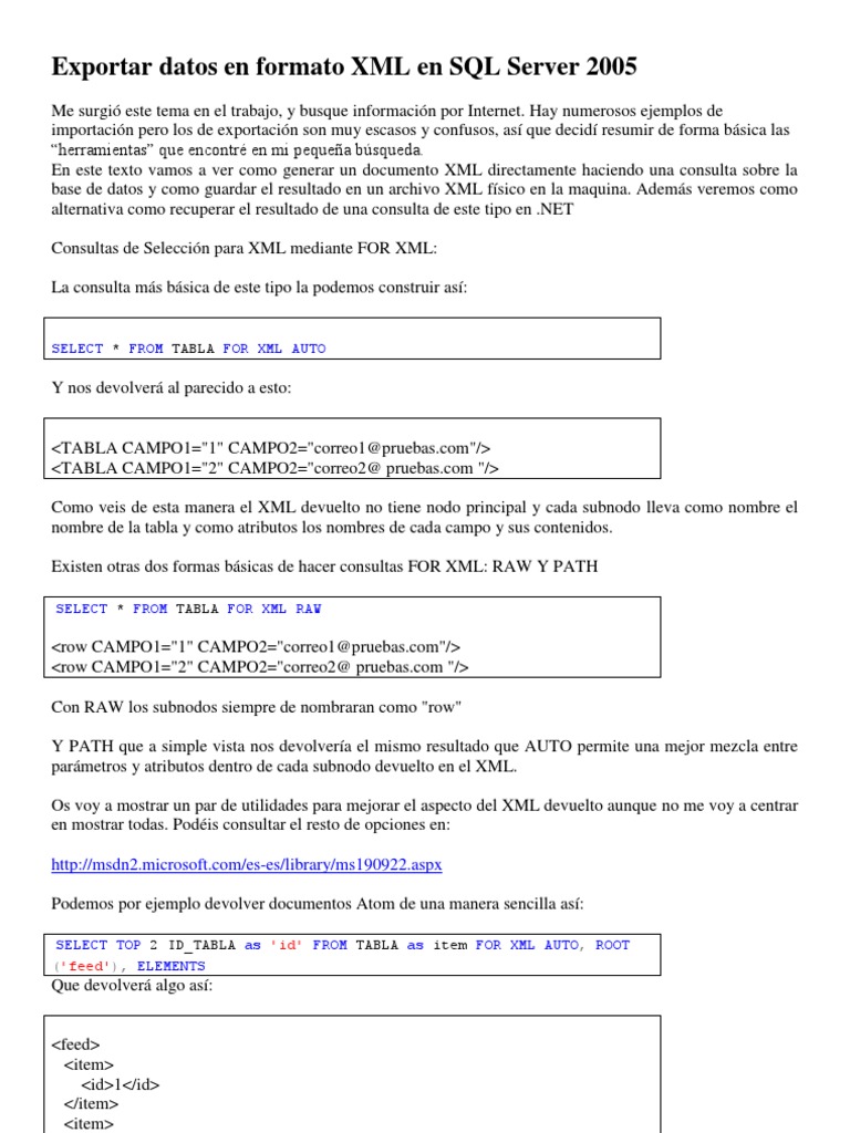 Exportar Datos en Formato XML en SQL Server 2005 | PDF | SQL | Tabla (base de datos)
