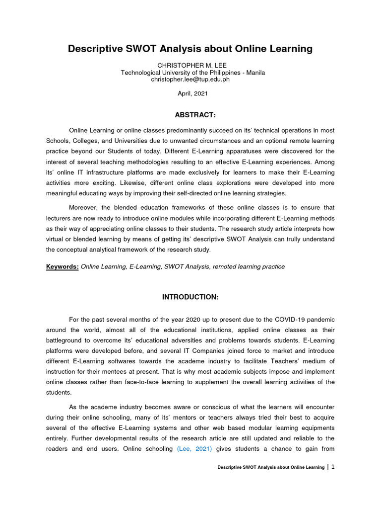 Descriptive SWOT Analysis About Online Learning | Download Free PDF | Educational Technology ...