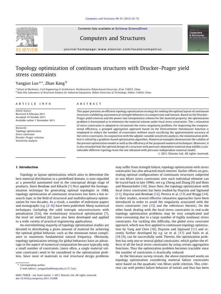 2012 Luo Topology Optimization Of Continuum Structures With Drucker Prager Download Free Pdf