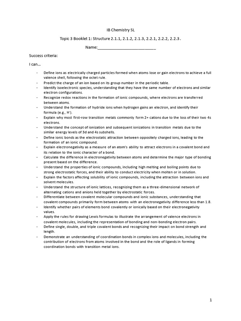 IB Chemistry SL and HL Topic 3 Booklet 1 | PDF | Ion | Ionic Bonding