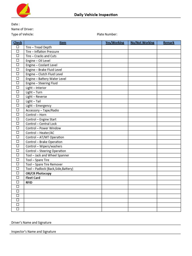 Daily Vehicle Inspection Checklist | PDF