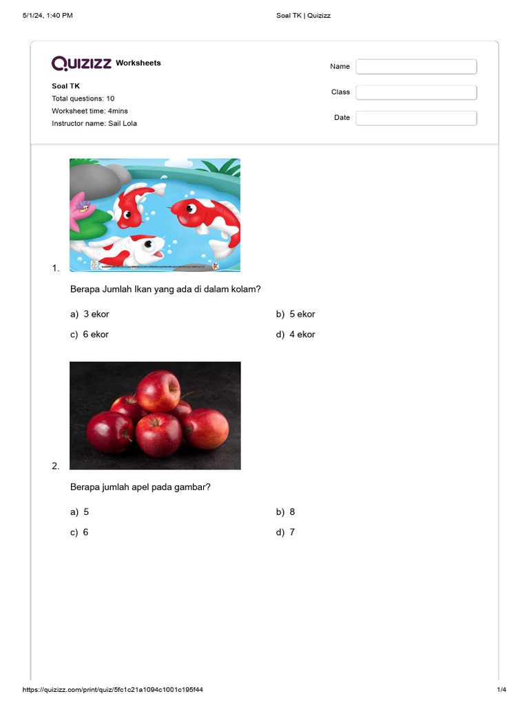 Soal TK - Quizizz 2 | PDF