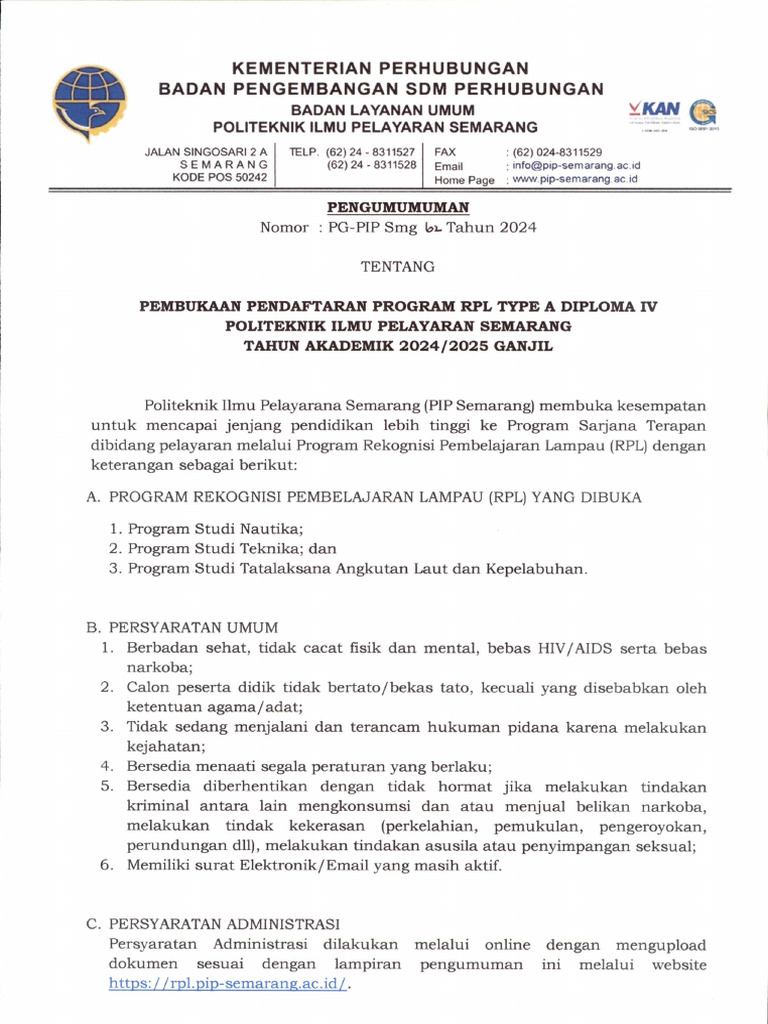 Pendaftaran RPL A 2024 PIP Semarang | PDF