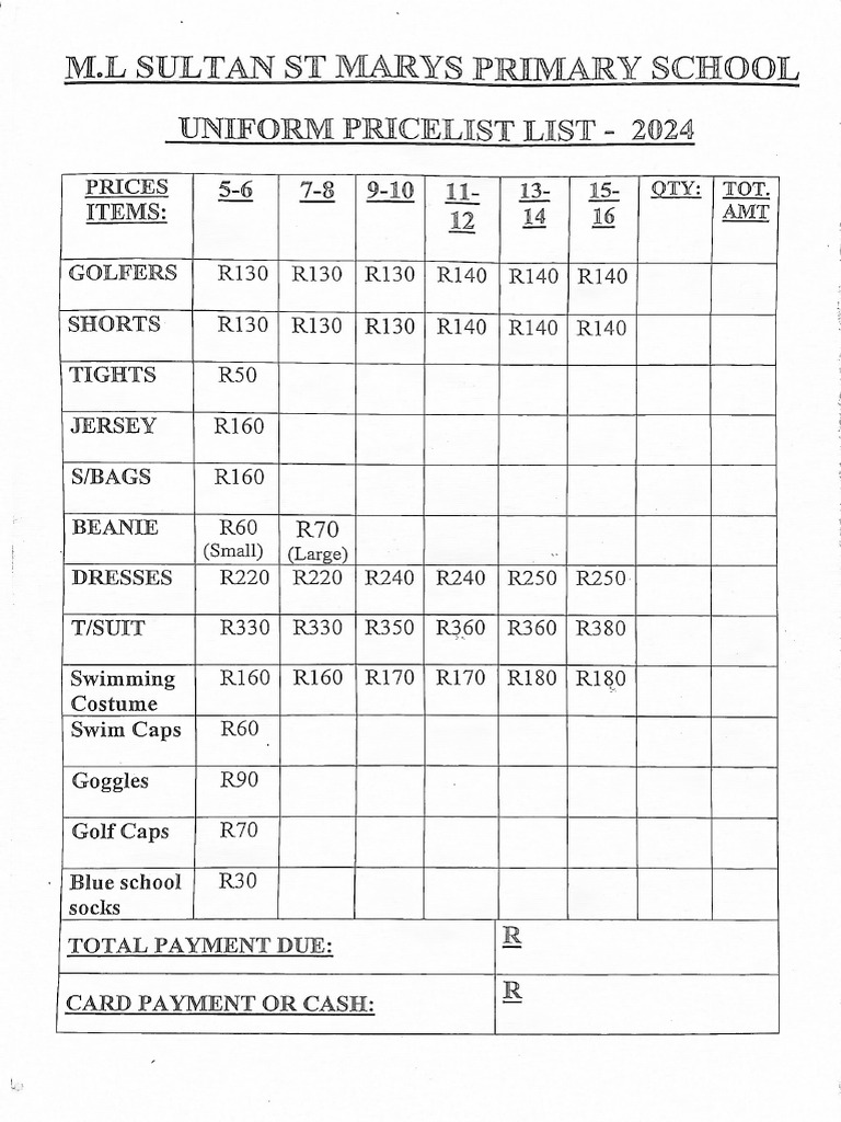 Uniform Price List 2024 | PDF