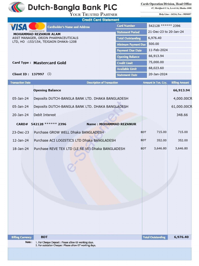 E-Statement of DBBL MasterCard Gold Credit Card For Jan-2024 | PDF ...