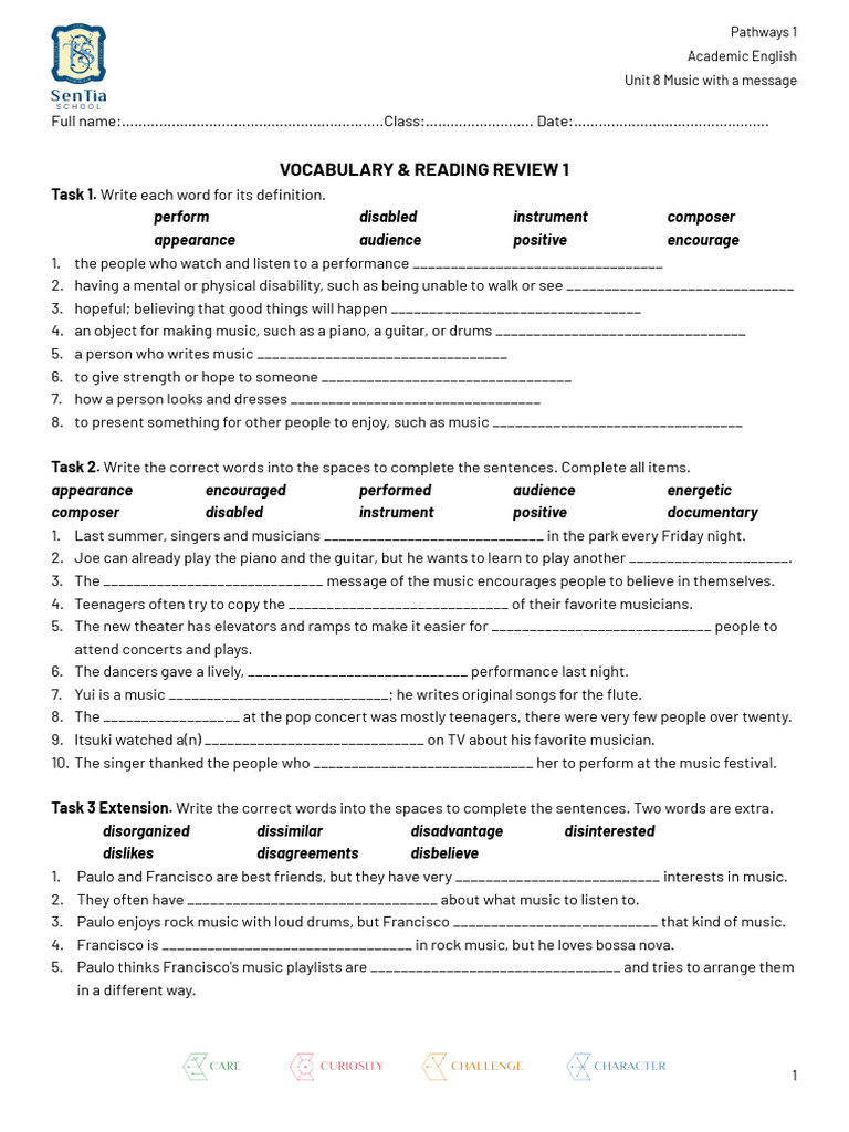 P1 - U8 - Vocabulary & Reading Review 1 | PDF | Musicology | Performing Arts