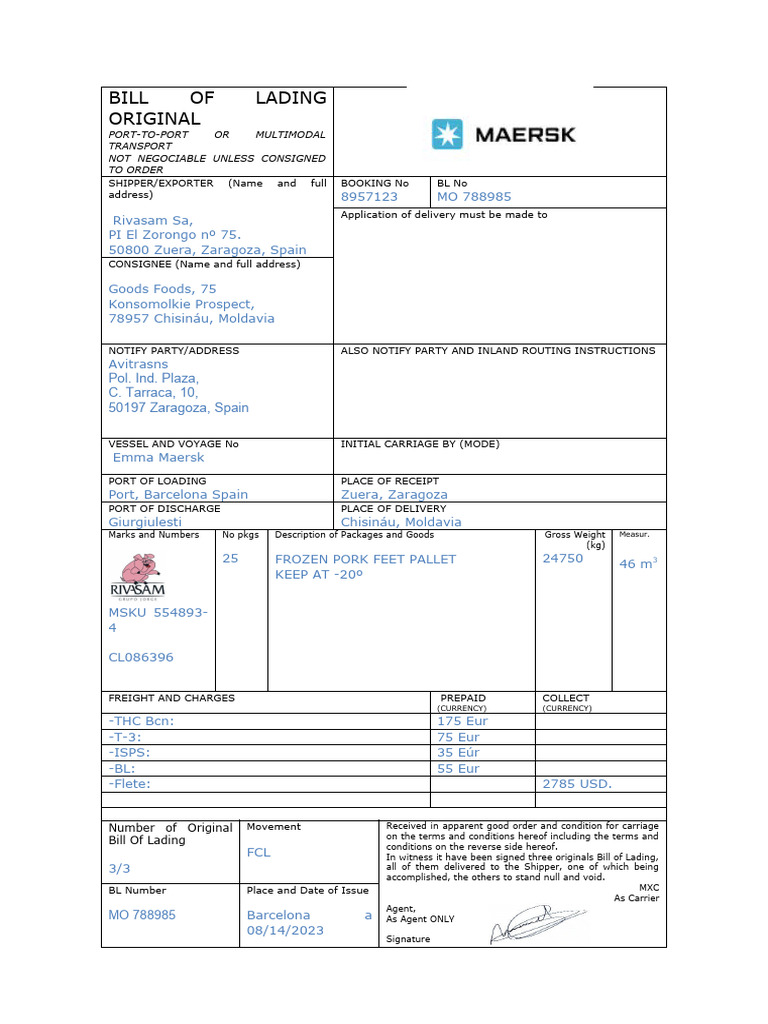 BL Rivasam | PDF | Cargo | Bill Of Lading