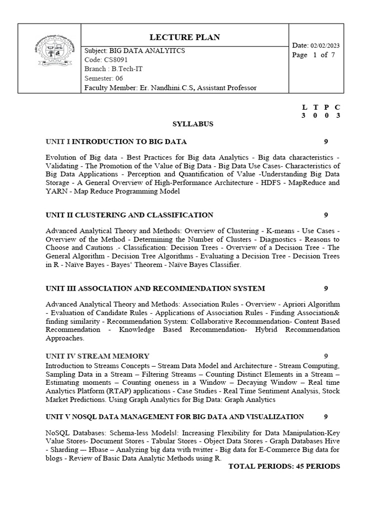 CS8091 Bigdata Analytics Lessonplan With Date | PDF | Big Data | Analytics