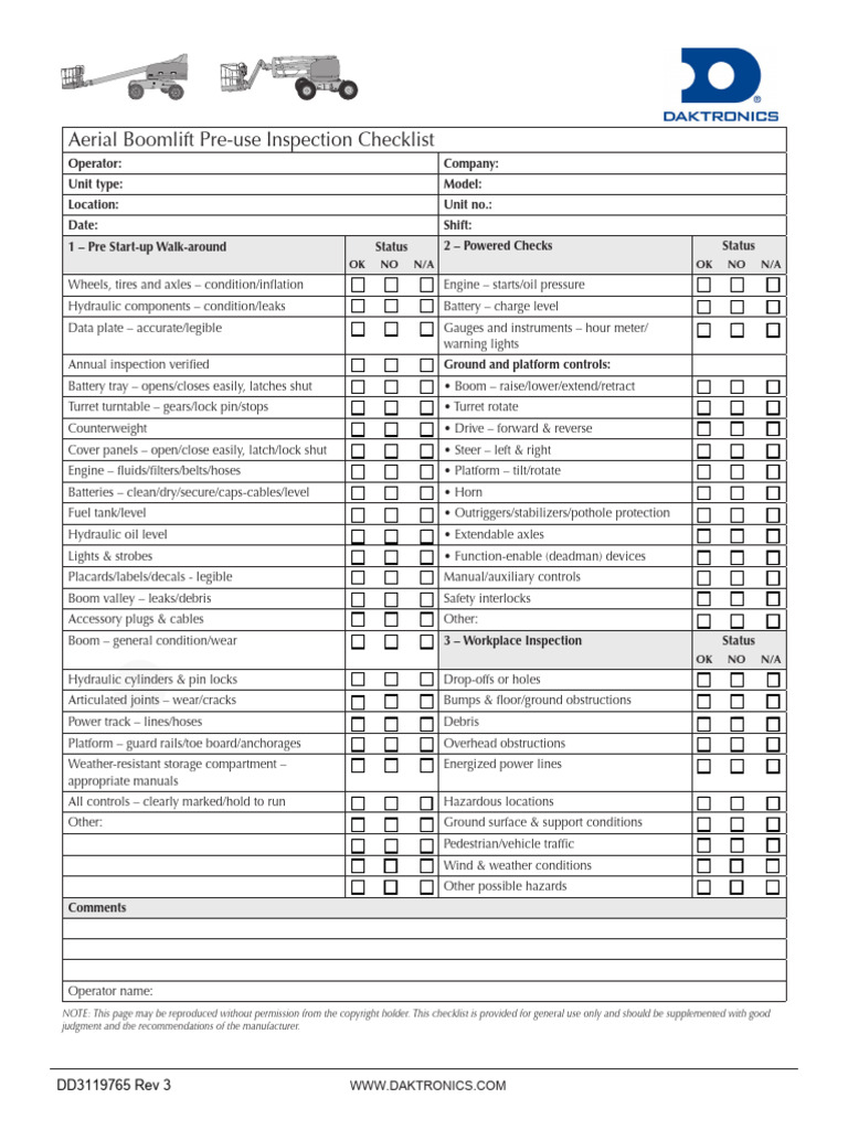 Aerial Boomlift Pre Use Inspection Checklist | PDF | Vehicles | Vehicle ...