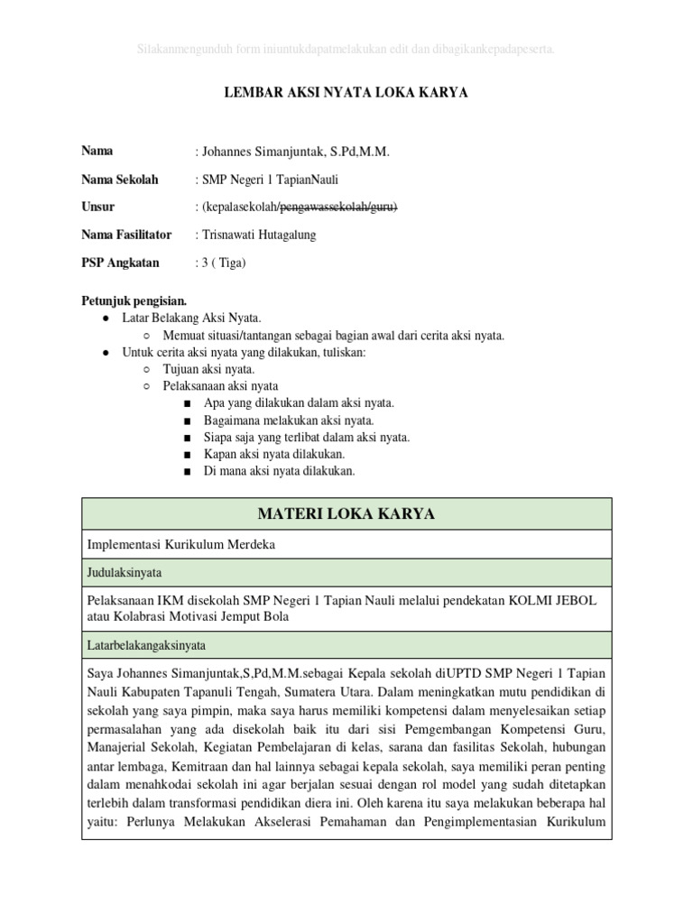 Lembar Aksi Nyata Lokakarya (1) - Johannes Simanjuntak S.PD M.M | PDF