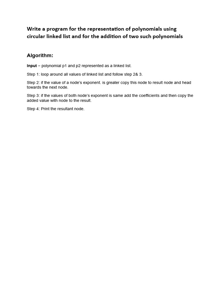 Representation of Polynomials Using Circular Linked List and For The ...