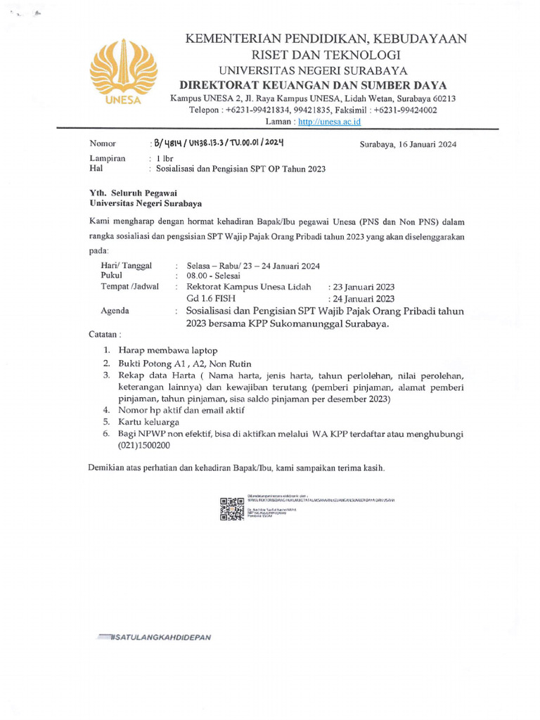 Undangan Sosialisasi Dan Pengisian SPT OP | PDF