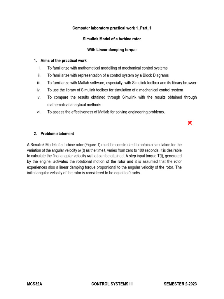 2023 - MCS32A - Computer Laboratory Practical Work 1 - Part 1 | PDF | Turbine | Torque