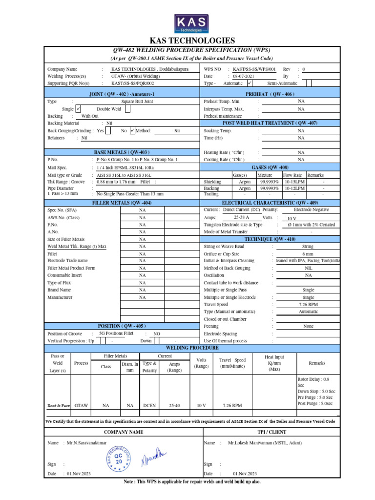 GTAW Orbital Welding Procedure WPS | PDF | Welding | Construction