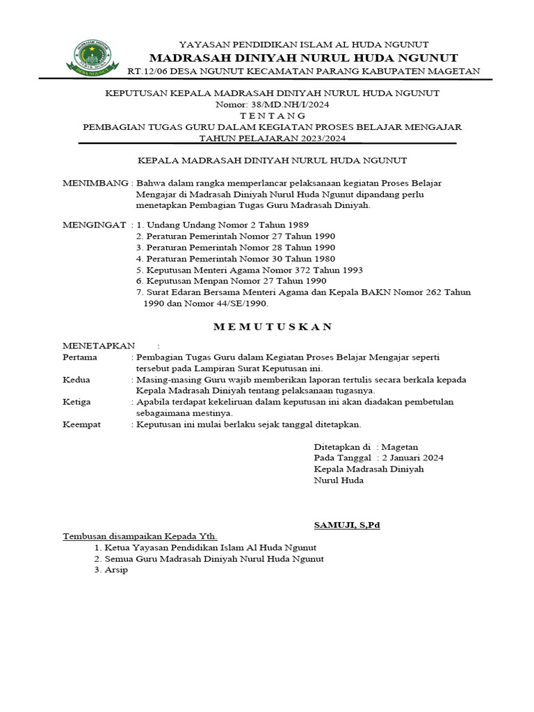 Jadwal Pelajaran Madin 2024 | PDF