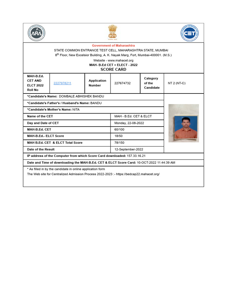 MAH-B.Ed. CET & ELCT 2022 Scorecard | PDF