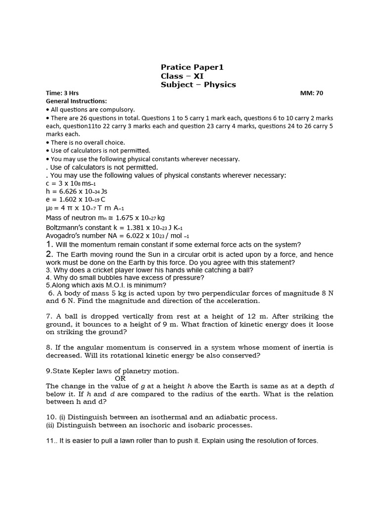 Class XI Physics Practice Paper | PDF | Waves | Kinetic Energy