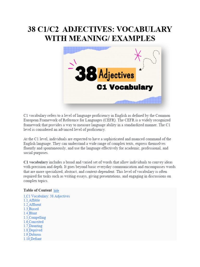 C1 C2 Adjectives | Download Free PDF | Vocabulary | Cognition
