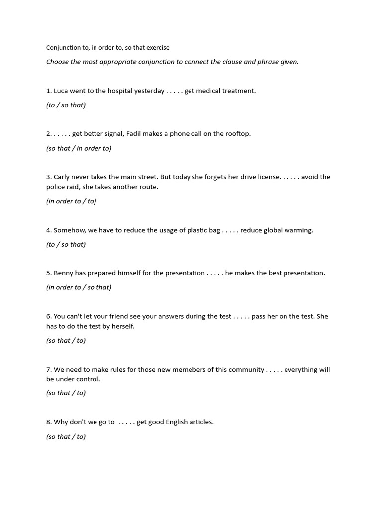 Conjunction Exercises: "To" and "So That" | PDF