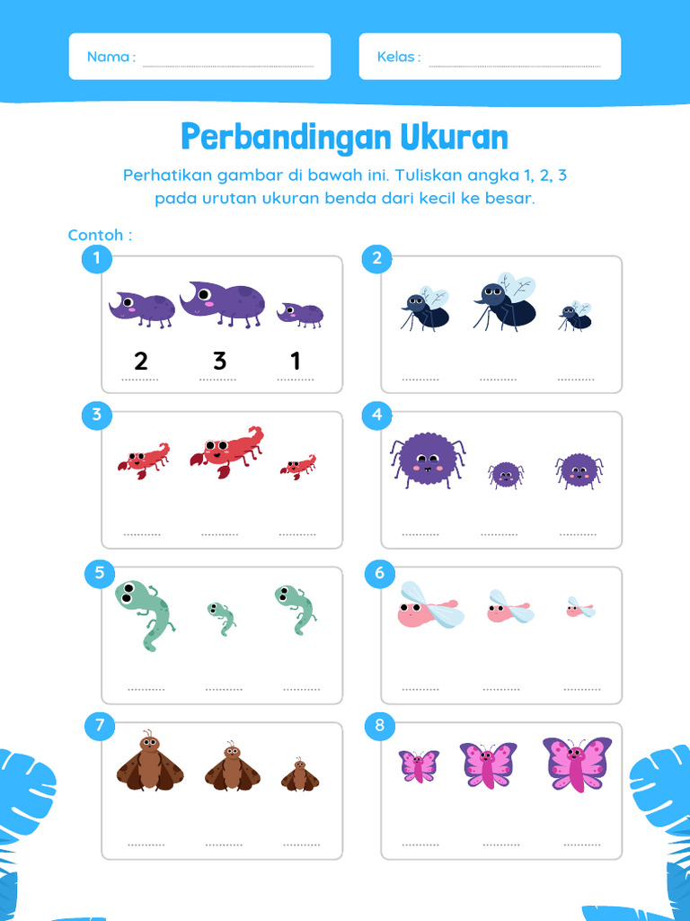Lembar Kerja Membandingkan Ukuran Benda Ilustrasi Warna-Warni | PDF