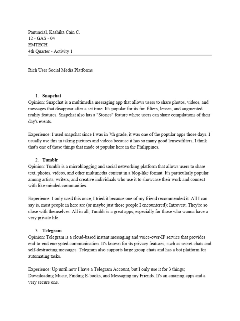 Emtech Act 1 - 4TH Quarter | PDF | Snapchat | Social Information Processing