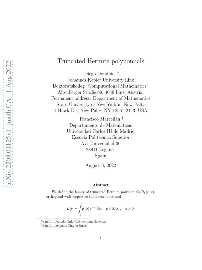Truncated Hermite Polynomials | PDF | Recurrence Relation | Equations