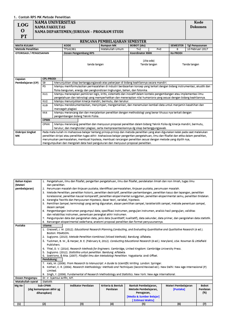 Contoh RPS MK Metode Penelitian Buat Workshop | PDF