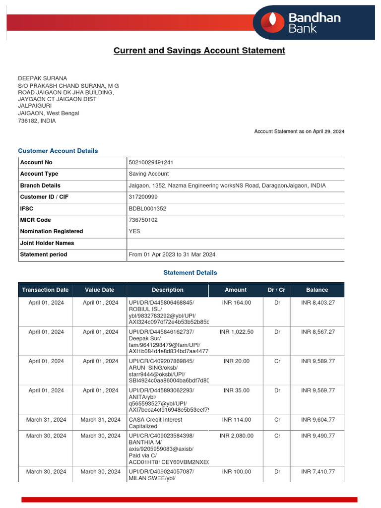Current and Savings Account Statement | PDF | Payments | Personal Finance