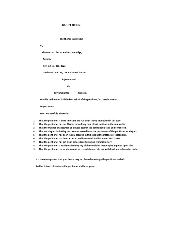 Bail Petition for Satyam Kumar | PDF