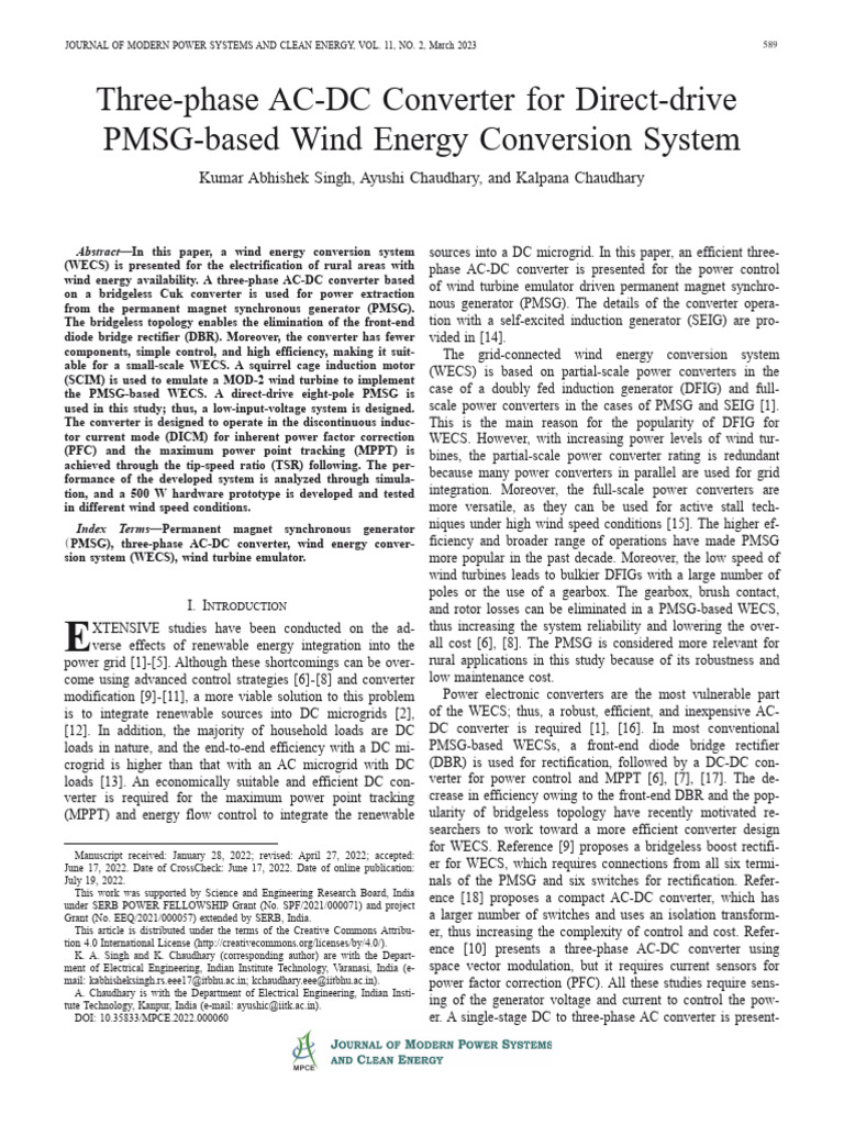 Three-Phase AC-DC Converter For Direct-Drive PMSG-based Wind Energy ...
