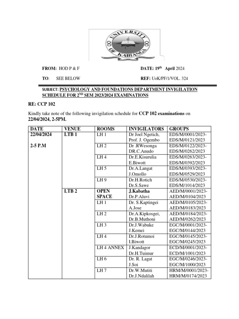 Revised CCP 102 Invigilation Schedule | PDF