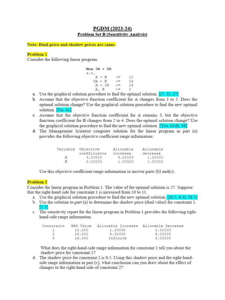 IOR Problem Set - Sensitivity Analysis | PDF | Linear Programming | Mathematical Optimization