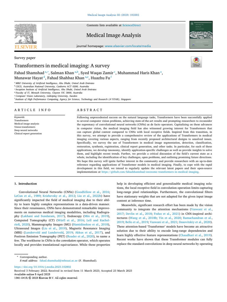 Transformers in Medical Imaging - A Survey | PDF | Image Segmentation ...