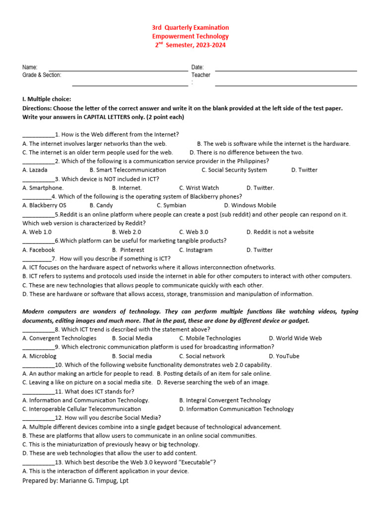 EMPTECH 3rd Quarterly Exam | PDF | World Wide Web | Internet & Web