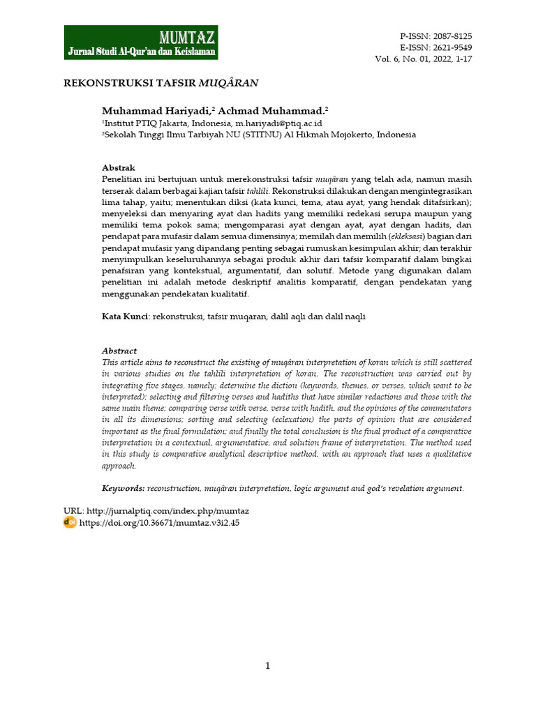 Hariyadi, M., & Muhammad, A. (2022) - Rekonstruksi Tafsir Muqâran. Mumtaz Jurnal Studi Al-Quran ...