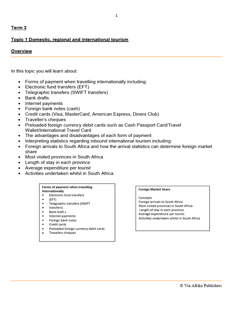 Tourism Study Guide Via Africa Term 3 4 | PDF | Payments | Cheque