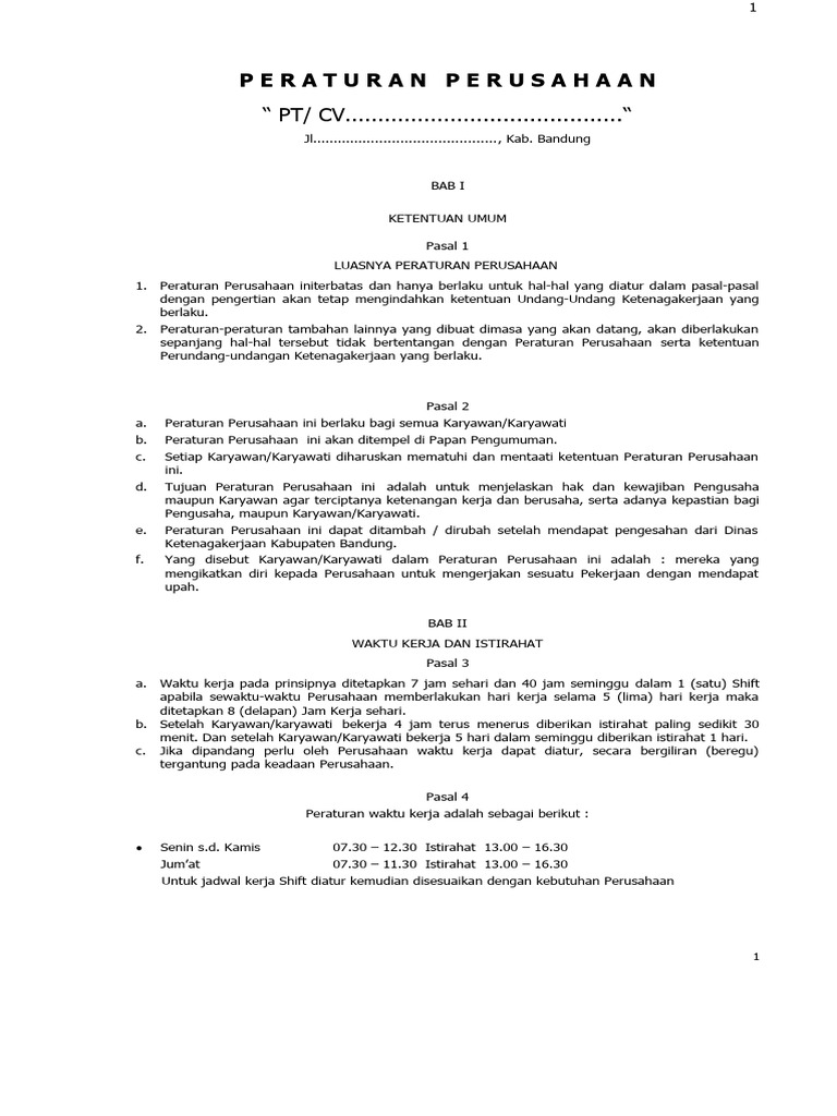 CONTOH NASKAH / DRAFT Peraturan Perusahaan | PDF