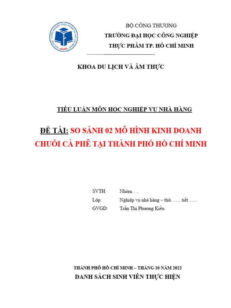 Noi Dung Bao Cao Tieu Luan-Nghiep Vu Nha Hang-De Tai Uong | PDF