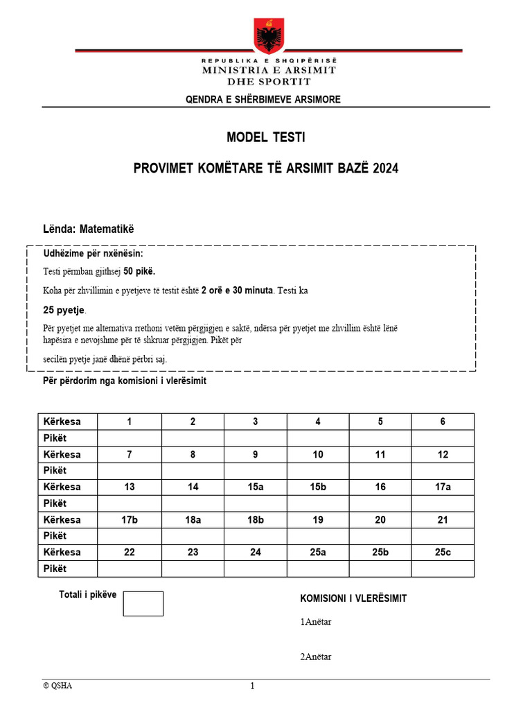 Model Testi - PKAB 2024 - Matematike | PDF