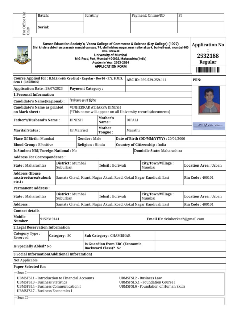 BMS Admission Form 2023-24 | PDF | Mumbai