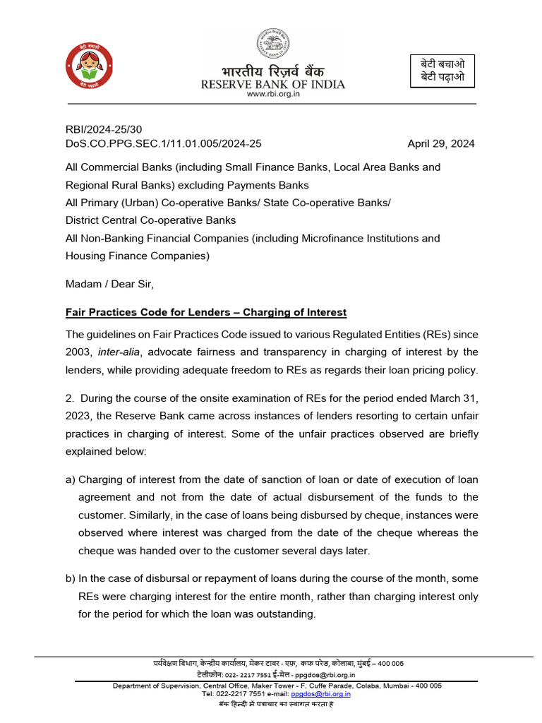 RBI Fair Practice Code For Lenders 1714409381 | PDF | Banks | Loans