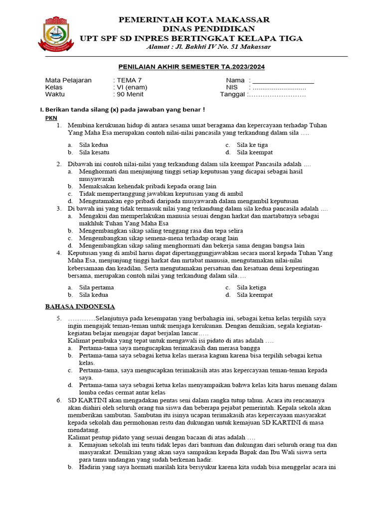 Soal PAS SD Makassar Tema 7 | PDF