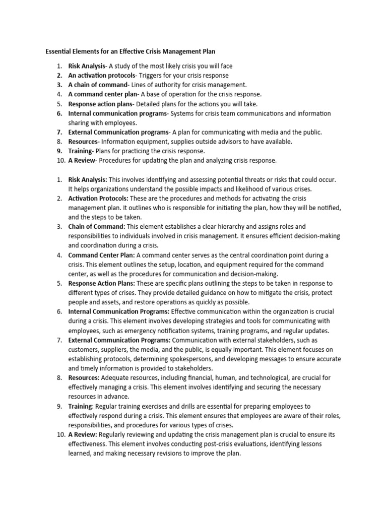 Key Elements of Crisis Management Plan | PDF | Crisis Management | Risk ...