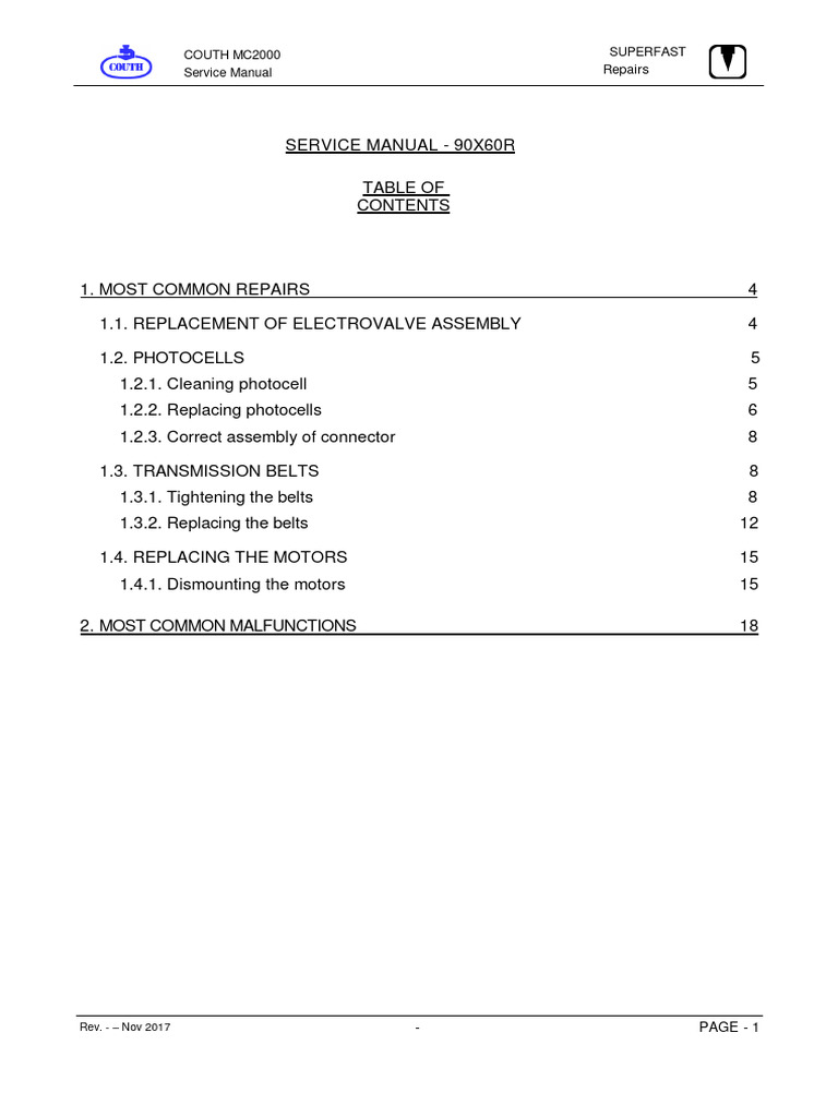 COUTH MC2000 Service Manual Guide | PDF | Screw | Equipment