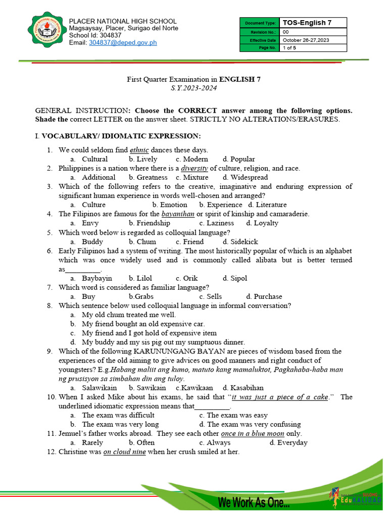 English 7 - Quarter Exam - Final | PDF | Linguistics